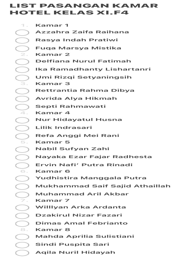 List Pasangan Kamar Hotel Kelas Xi.f4 | PDF