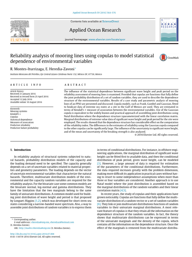 2016 Reliability Analysis Of Mooring Lines Using Copulas To Model Statistical Dependence Of