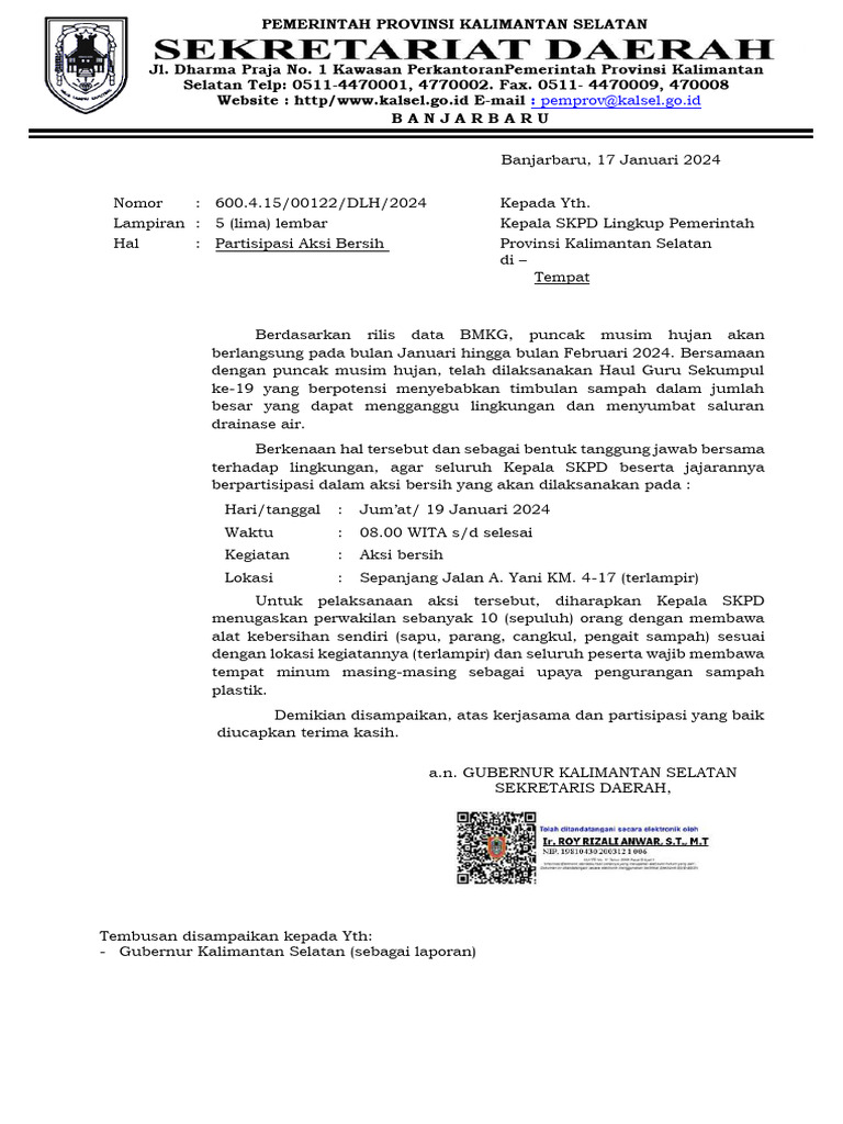Surat Aksi Bersih 19 Januari 2024 To SKPD Provinsi | PDF