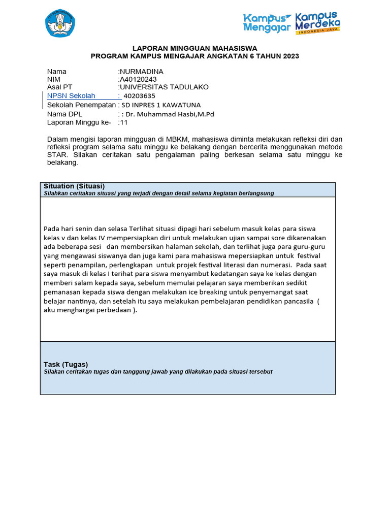 Laporan Minggu Ke 11 Nurmadina 2 | PDF