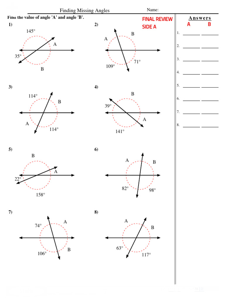 Finding Missing Angles Final Review Worksheet | PDF