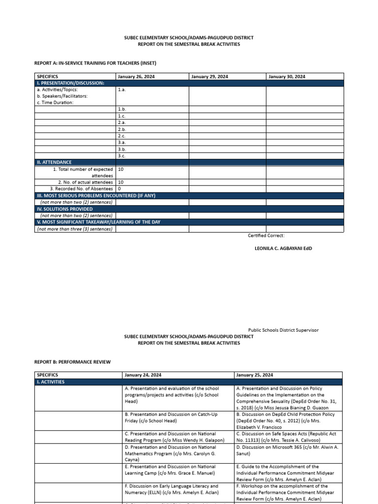 Report On Semestral Break Activities Subec Es | PDF