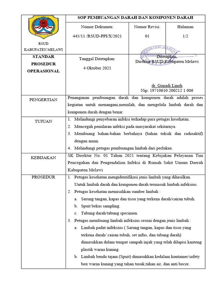 009 SOP Pembuangan darah dan komponen darah | PDF