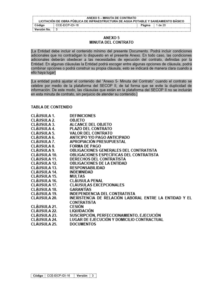 Anexo 5 - Minuta Del Contrato CCE-EICP-IDI-16 (Obra P Blica) APSAB | PDF