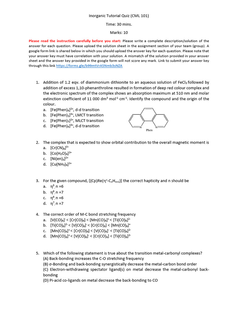 Inorganic Tutorial Quiz CML 101 | PDF | Atoms | Physical Chemistry