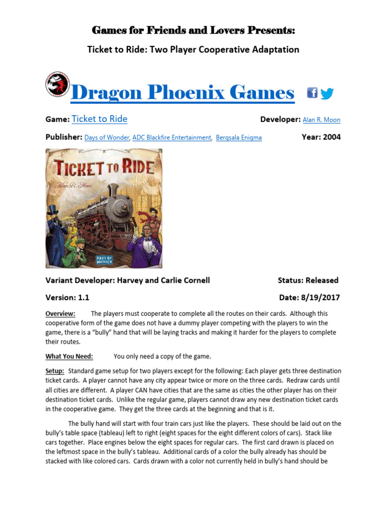 Ticket To Ride 2 Player Cooperative Adaptation | PDF | Playing Cards ...