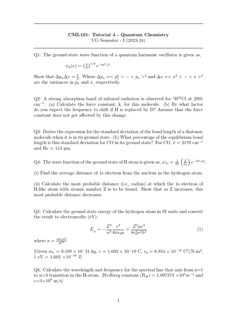 2023CML101 - QM Tutorial 4 | PDF