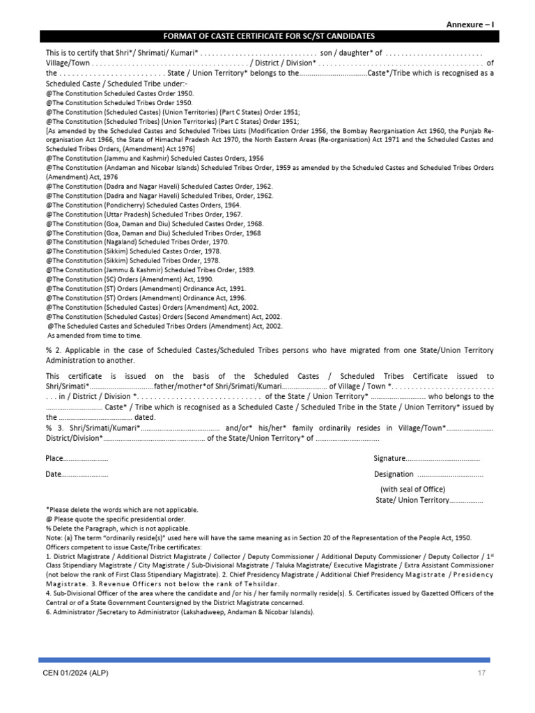 Format of Caste Certificate For SC or ST Candidates | PDF ...