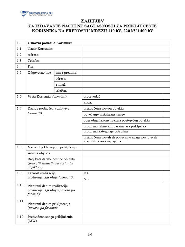 Zahtjev za izdavanje Nacelne saglasnosti za prikljucenje na 110 kV i ...