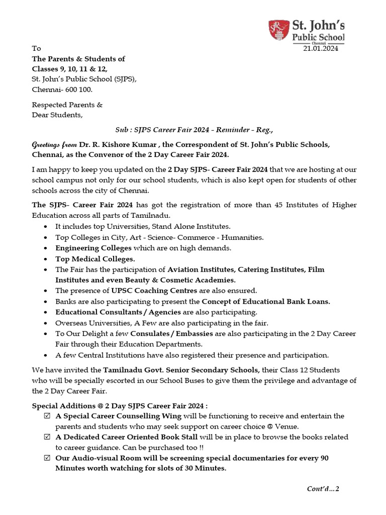 Classes 9 - 12 - SJPS Career Fair 2024 - Reminder | PDF