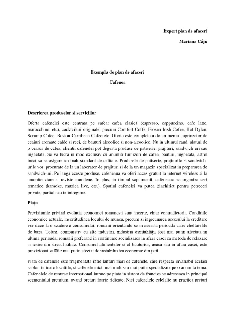 Exemplu de Plan de Afaceri - Cafenea | PDF