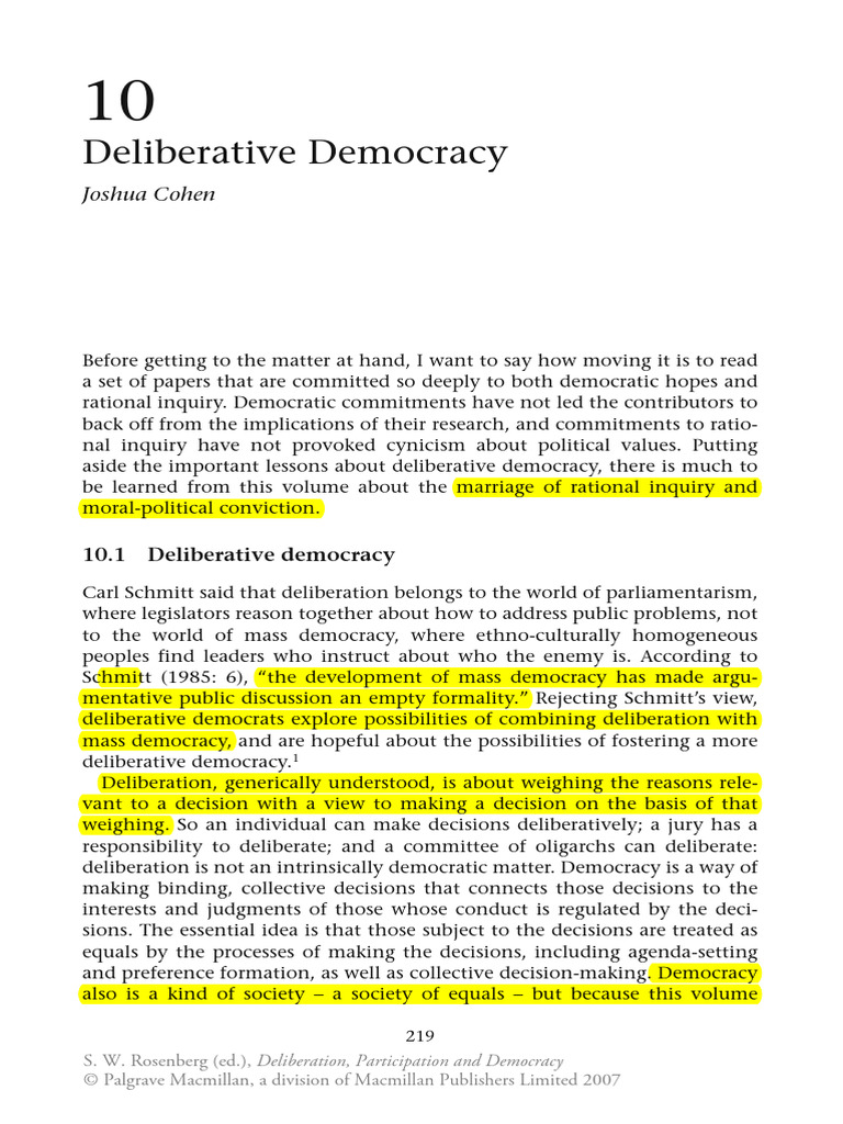Joshua Cohen - Deliberative Democracy | PDF | Deliberation | Deliberative Democracy