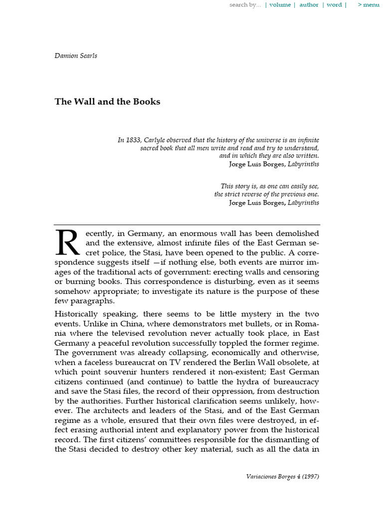 Borges - The Wall and The Books | PDF | Stasi | Berlin Wall