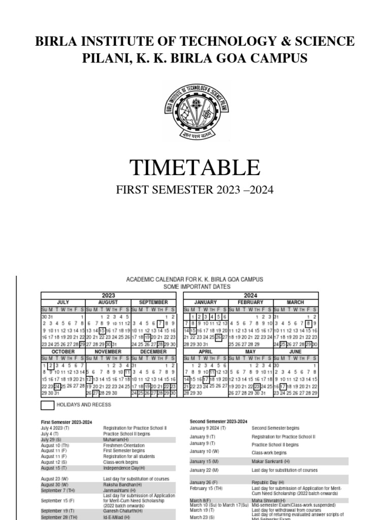 BITS Goa 2023-24 Academic Calendar | PDF