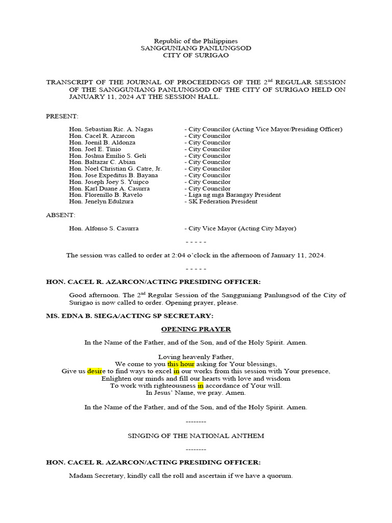 Surigao City 2nd Regular Session Proceedings | PDF | Lord's Prayer