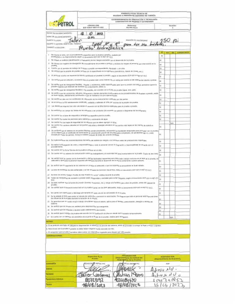 ECP-VIN-P-MET-FT-002 Checklist Pruebas a Presion en Sistemas de ...