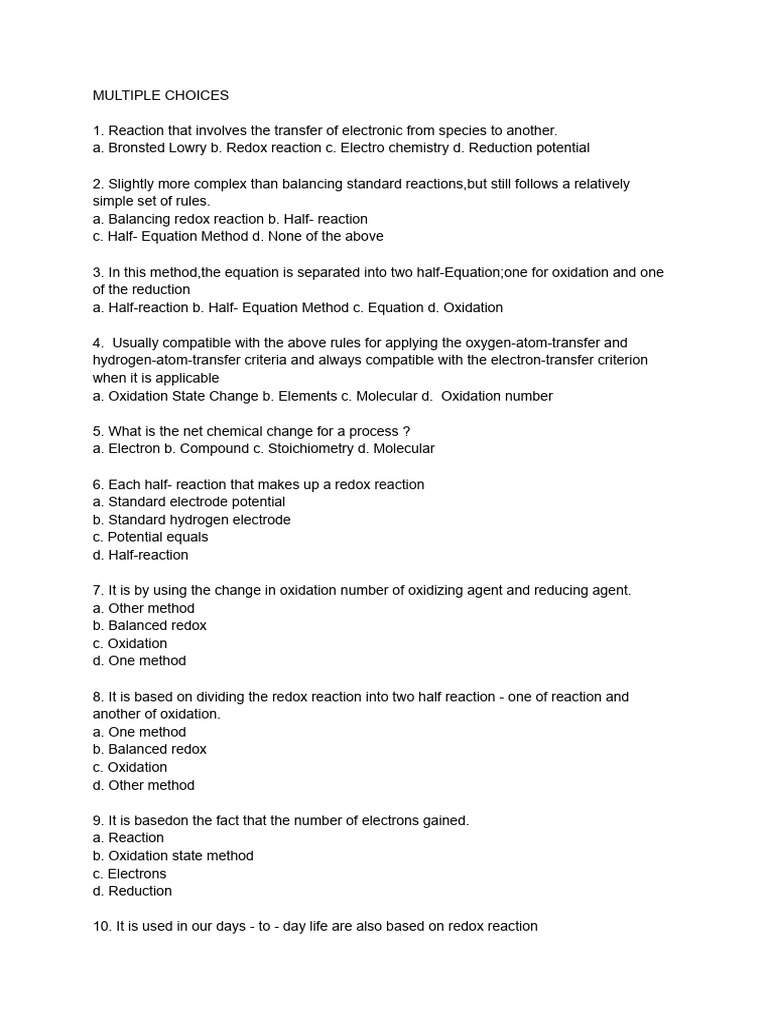 Quiz For Chem.-1 | PDF | Redox | Chemical Reactions