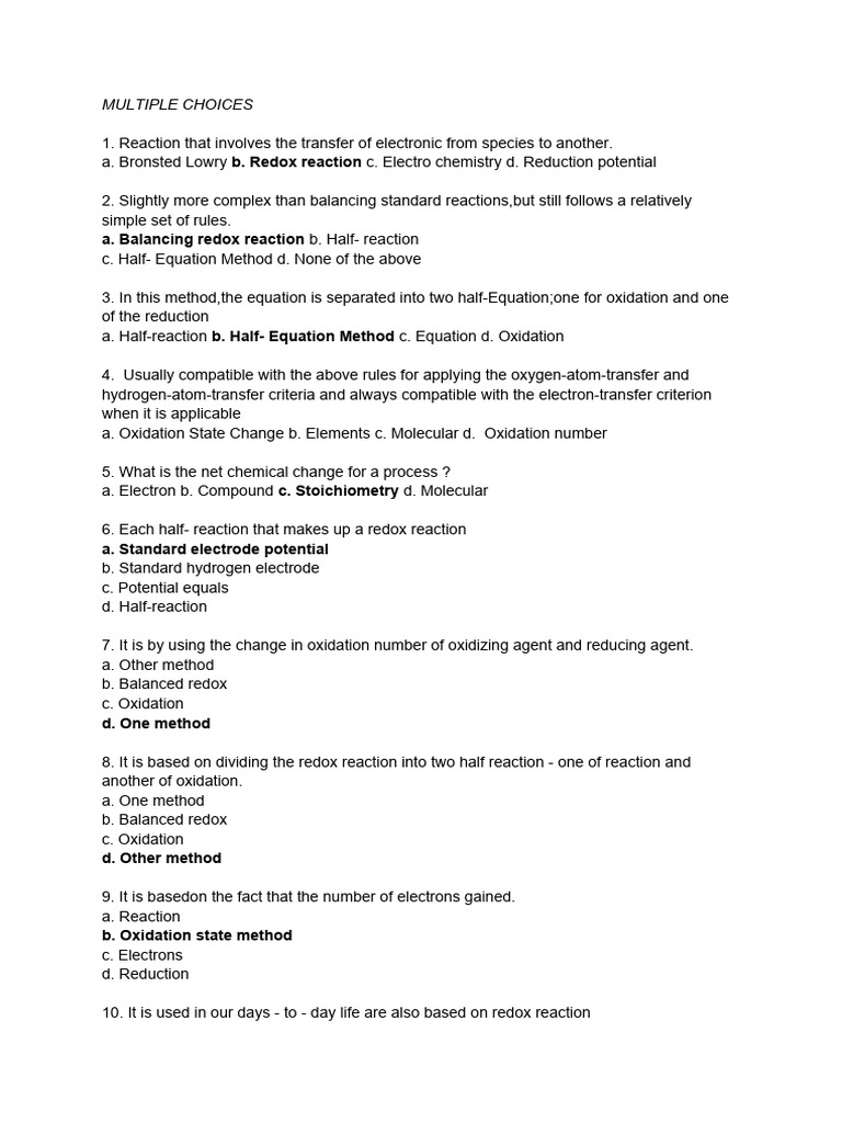 Redox Reaction Concepts & Solutions | PDF | Redox | Chemical Reactions