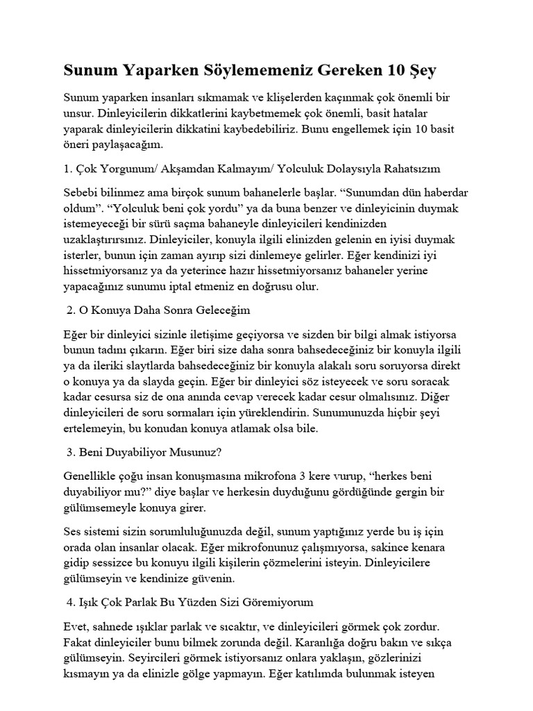 Sunum Yaparken Söylememeniz Gereken 10 Şey | PDF