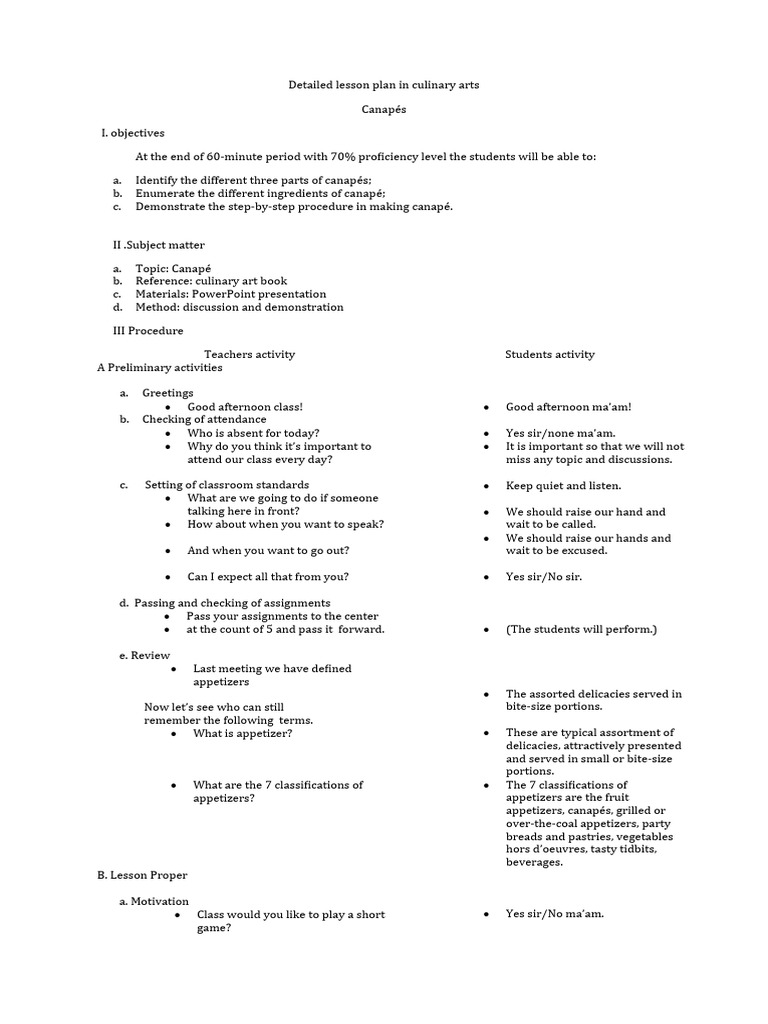 Culinary Arts Lesson Plan: Canapés | PDF | Hors D'oeuvre | Foods
