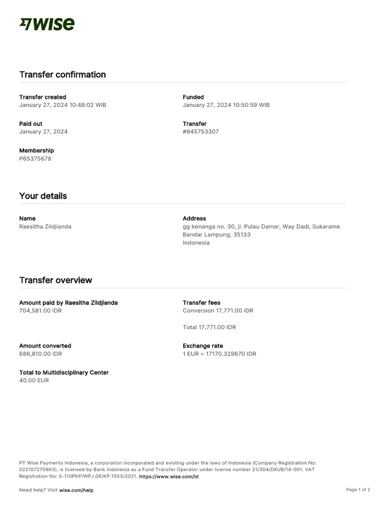 Wise Transaction Invoice Transfer 945753307 2380541600 En-1 | PDF ...