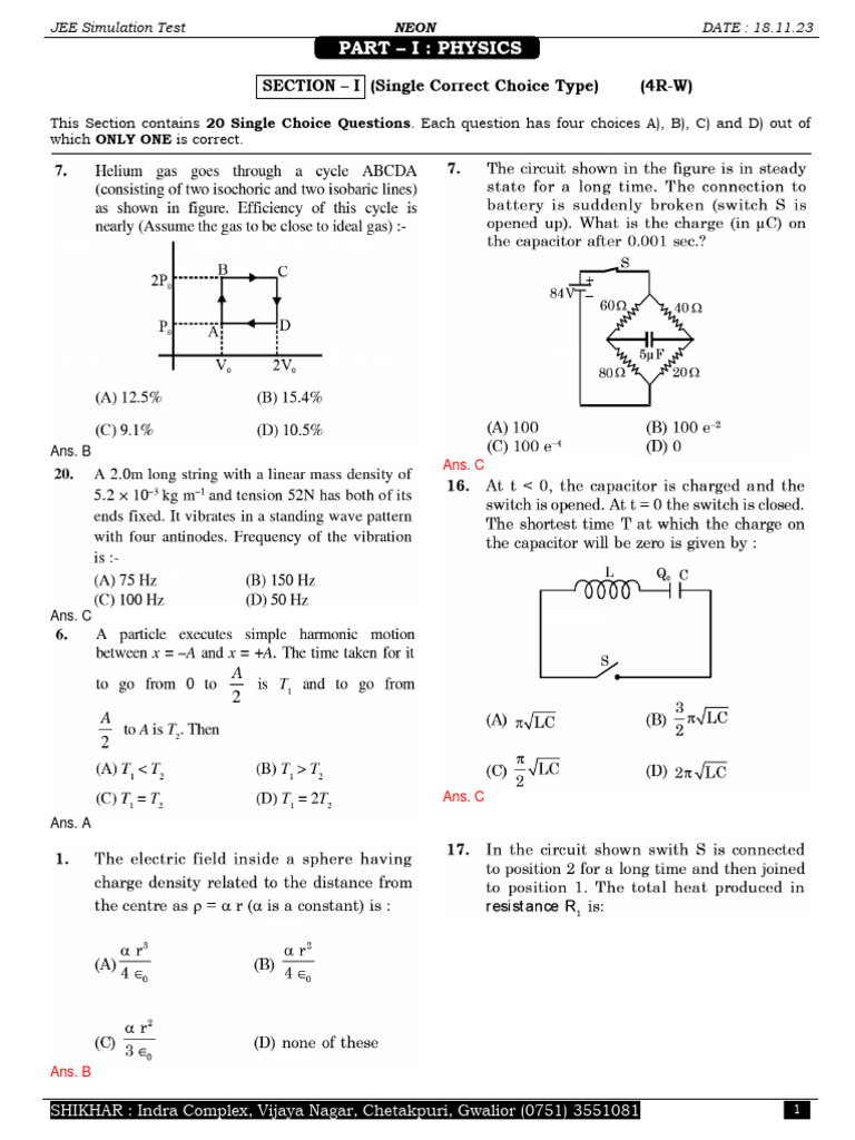 PCM Test Paper (With Answers) 18.11.23 | PDF | Chemical Reactions ...
