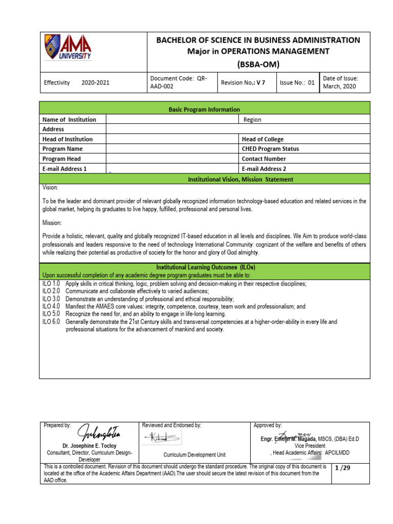 Bachelor of Science in Business Administration Major in Operations ...
