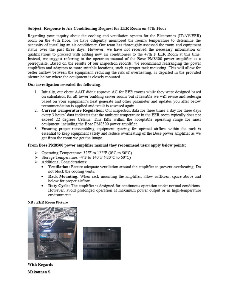 EER Room Cooling Assessment | PDF