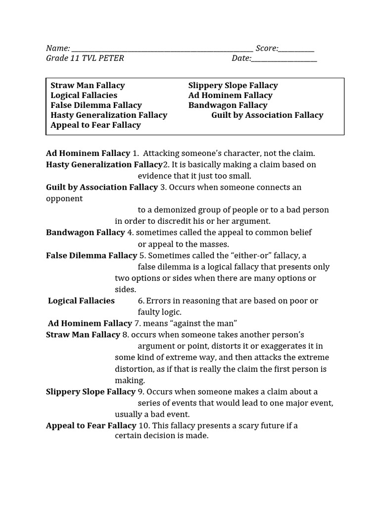 Fallacy Quiz Answerss | PDF | Law | Wellness