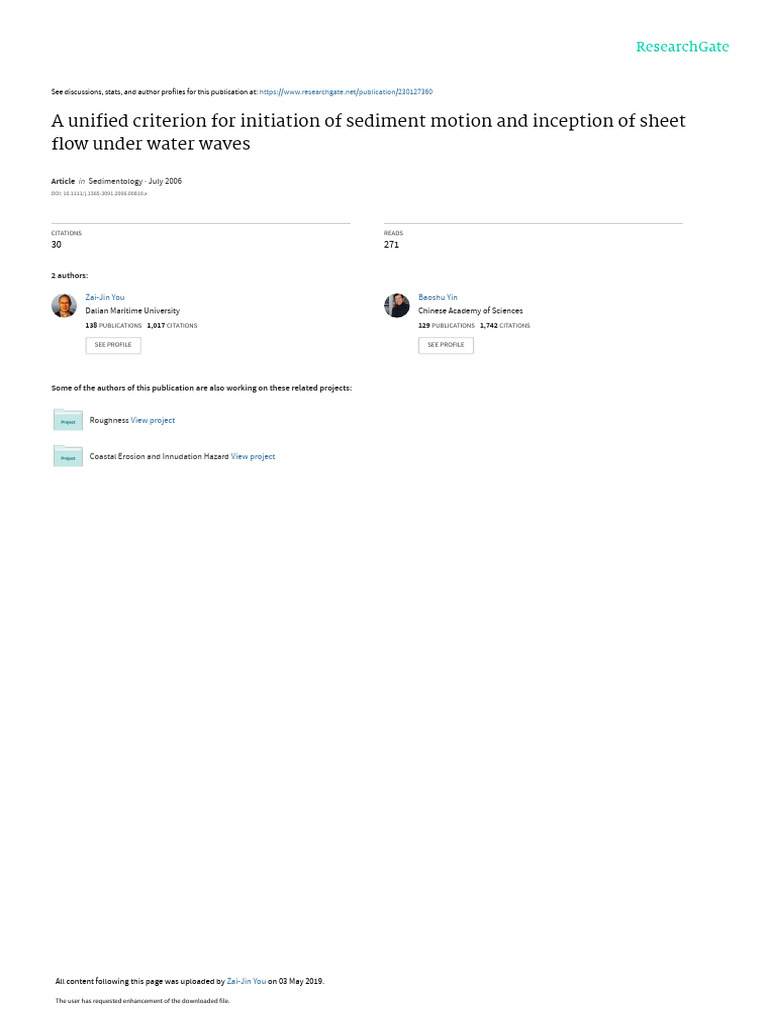 A Unified Criterion For Initiation of Sediment Mot | PDF | Science & Mathematics