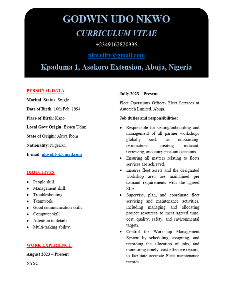 Nkwo Godwin CV 2024 | PDF | Business