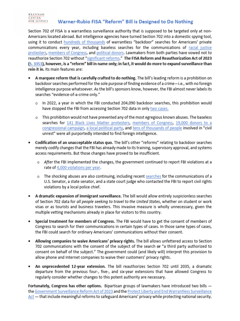 FISA Reform Bill Fails to Protect Privacy | PDF | Foreign Intelligence ...