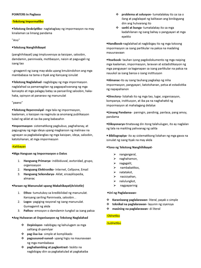 Pointers in Pagbasa | PDF