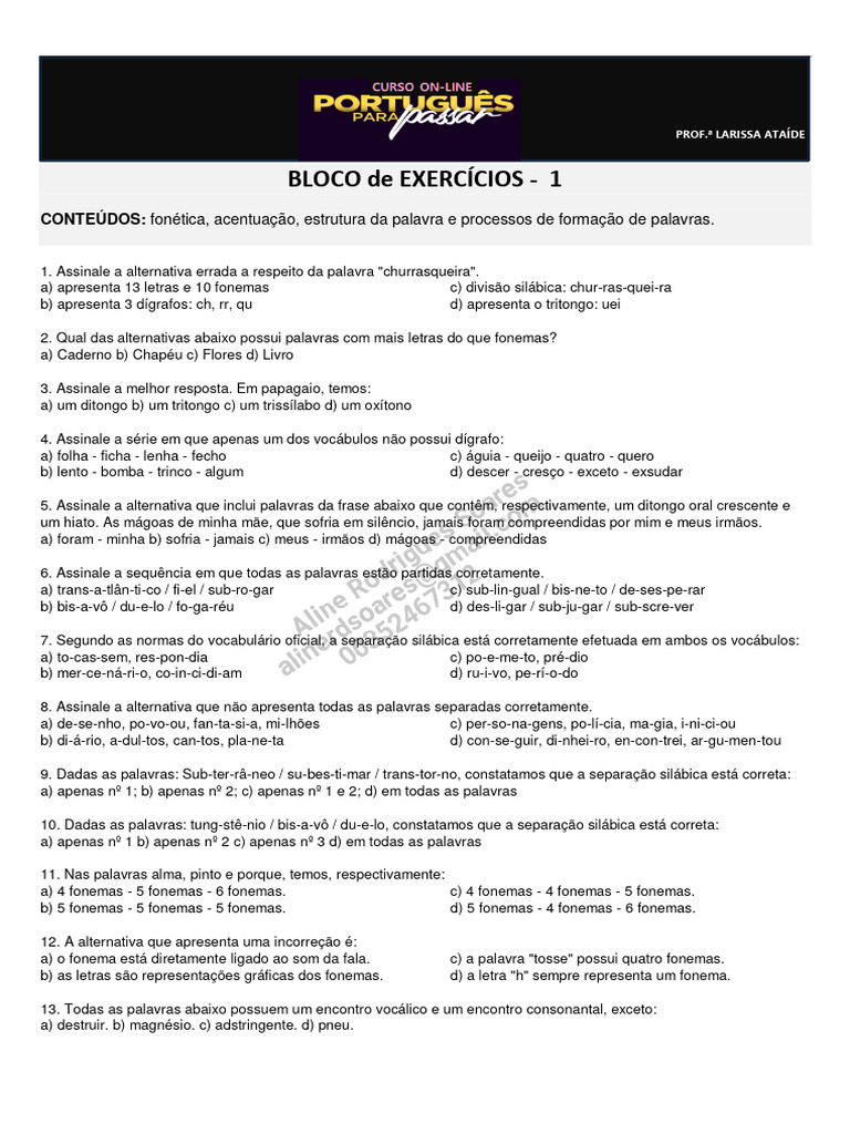 Bloco+de+exerci Cios+1-+fone Tica-+acentuac A O-+e 240205 095933 | PDF | Fonema | Vogal