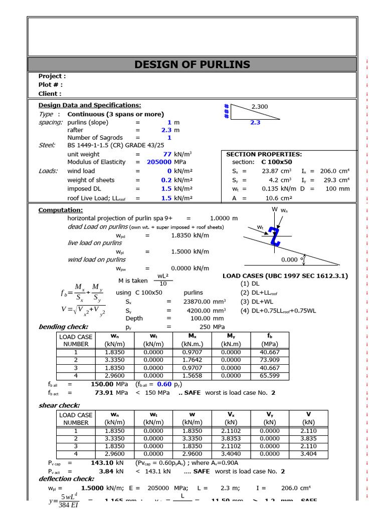 Purlin Design UPN 100 | PDF | Structural Engineering | Applied And ...