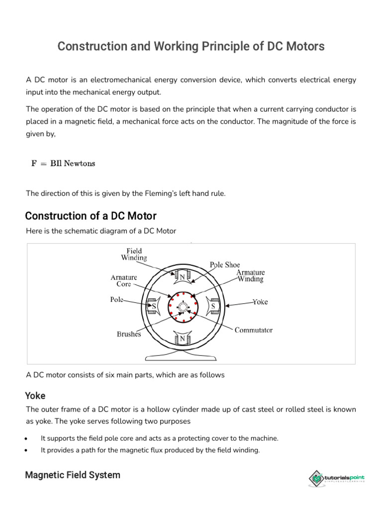 Construction and Working Principle of DC Motors | PDF