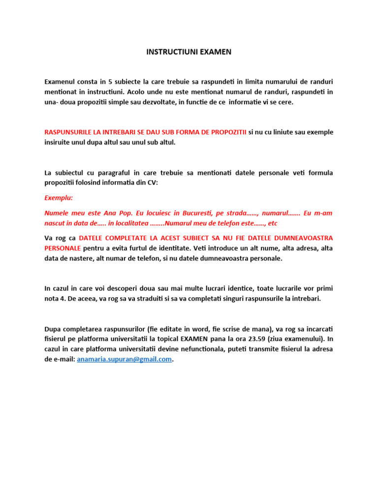Instructiuni Examen - Anul 1 2 | PDF