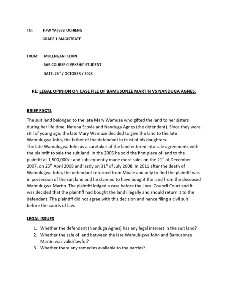 Legal Opinion For Bamusonze Martin Vs Nanduga Agnes | PDF | Trust Law ...