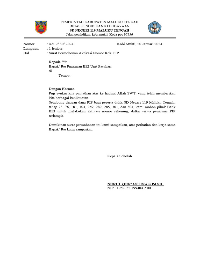Surat Permohonan Aktivasi Nomor Rek. PIP | PDF