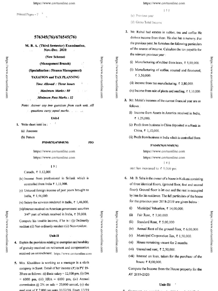 Mba 3 Sem FM Taxation and Tax Planning 576345 Dec 2020 | PDF