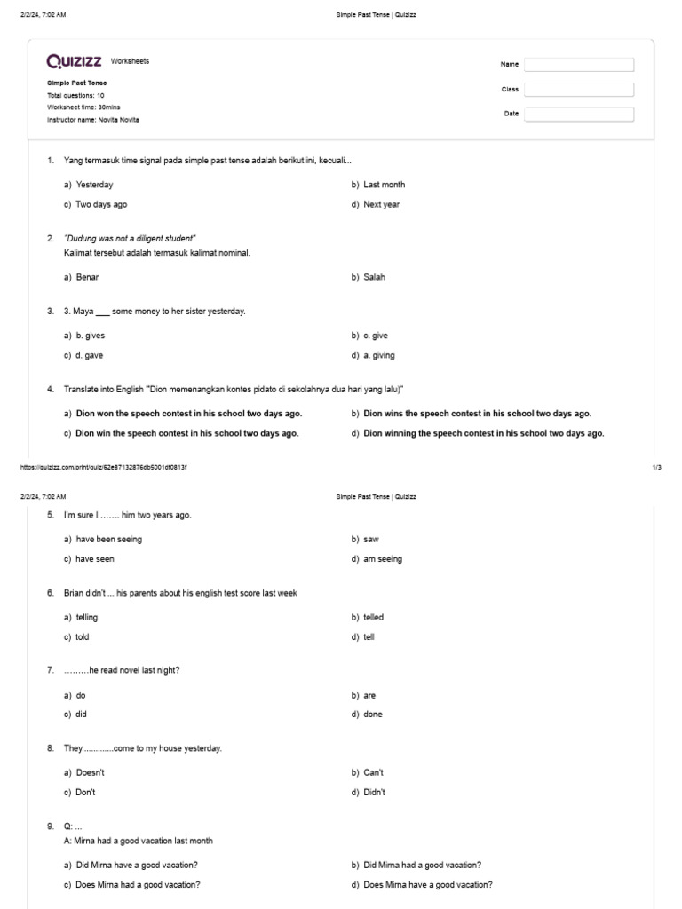 Simple Past Tense Quizizz Worksheet | PDF | Linguistics