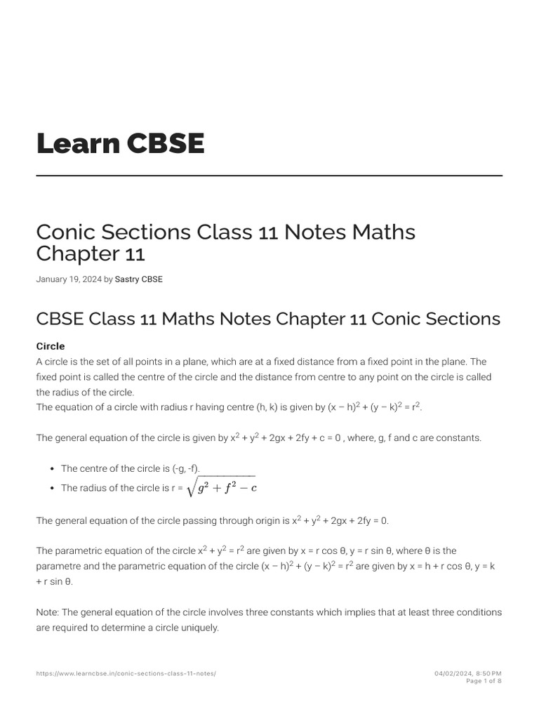 Conic Sections Class 11 Notes Maths Chapter 11 - Learn CBSE | PDF ... Conic Sections Class 11 Notes Maths Chapter 11 - Learn CBSE | PDF ...