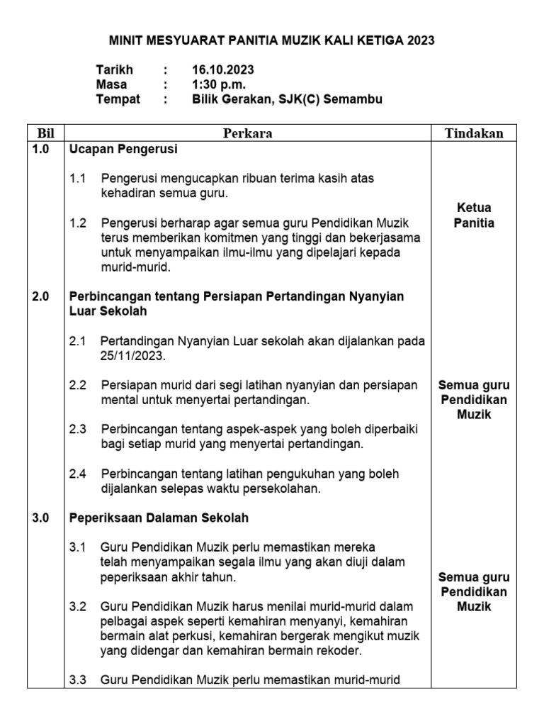 Minit Mesyuarat Panitia Muzik Ke-3 2023 | PDF