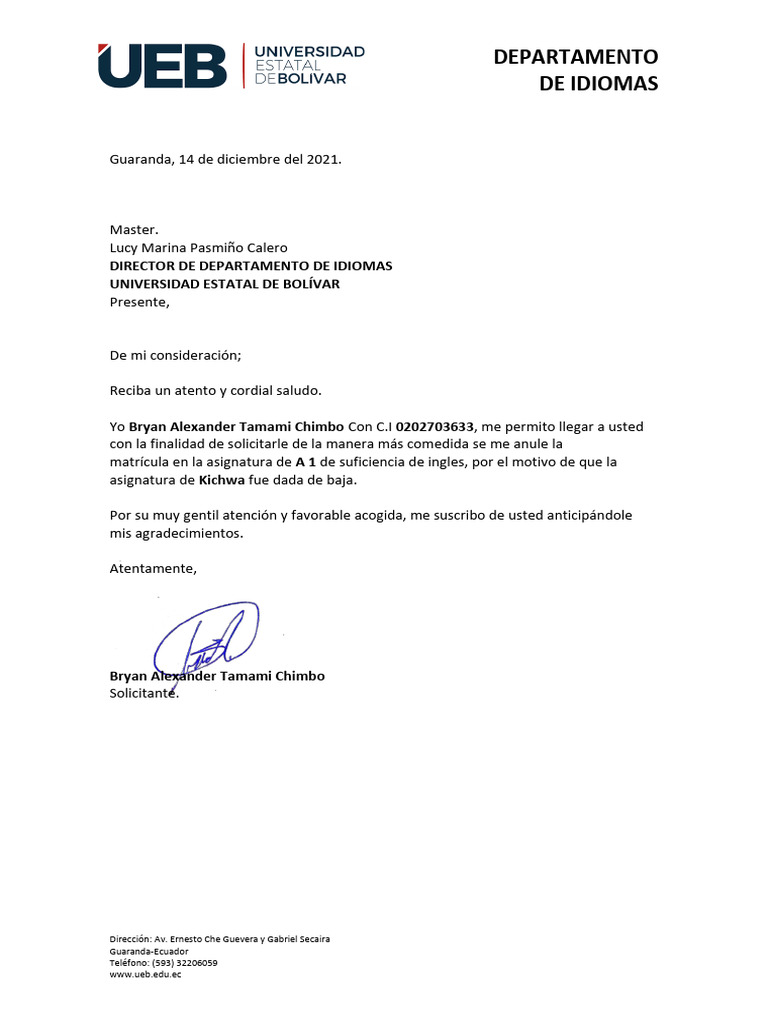 Bryan Tamami Solicitud Anulación de Matricula A1 | PDF