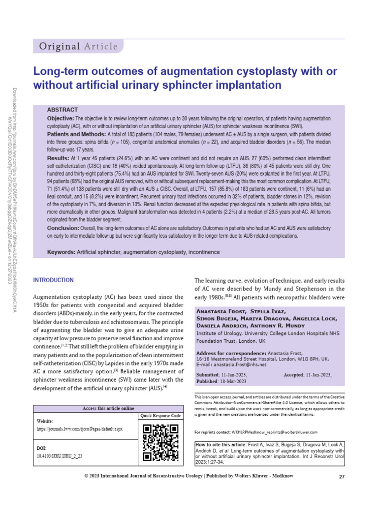 Long Term Outcomes of Augmentation Cystoplasty.7 | PDF | Urinary ...