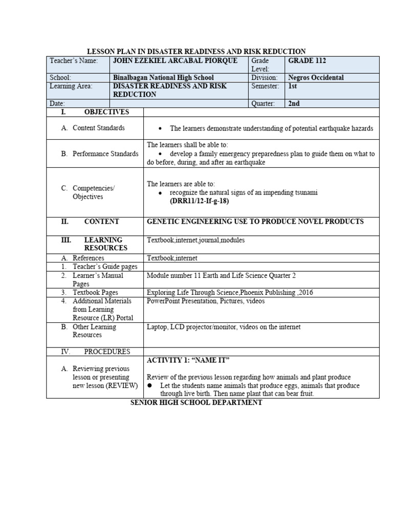 Lesson Plan in Disaster Readiness and Risk Reduction | PDF