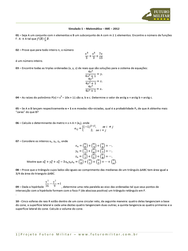 Simulados Matematica Simulado Um Matematica Ime Ita | PDF