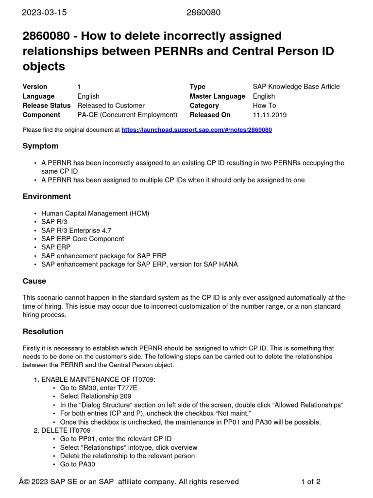 How To Delete Incorrectly Assigned Relationships Between Pernrs and ...