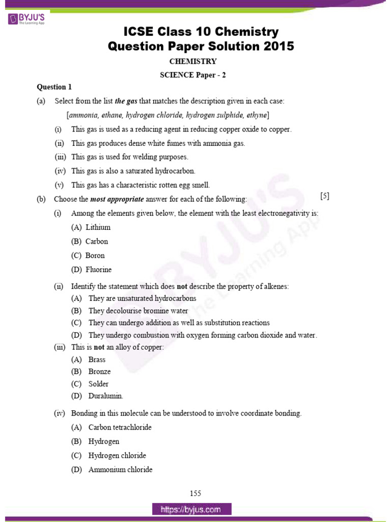 ICSE Class 10 Chemistry Question Paper Solution 2015 | PDF | Chlorine ...