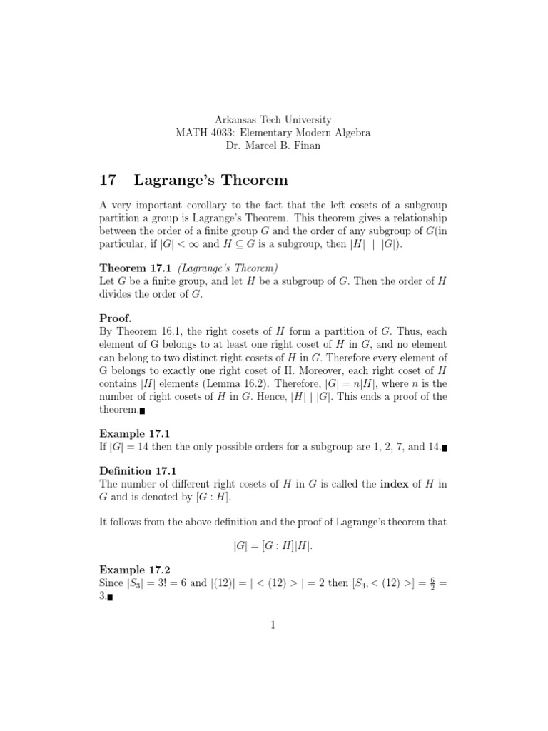 17 Lagrange's Theorem | PDF | Group (Mathematics) | Prime Number